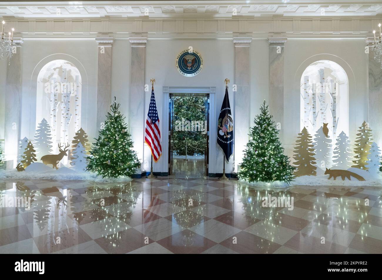 The 2022 White House Christmas tree is seen in the Blue Room from the ...