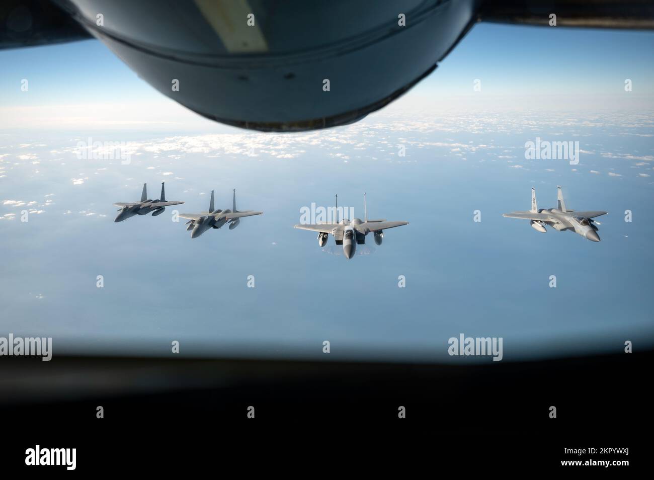 U.S. Air Force F-15C Eagles assigned to the 44th Fighter Squadron fly ...