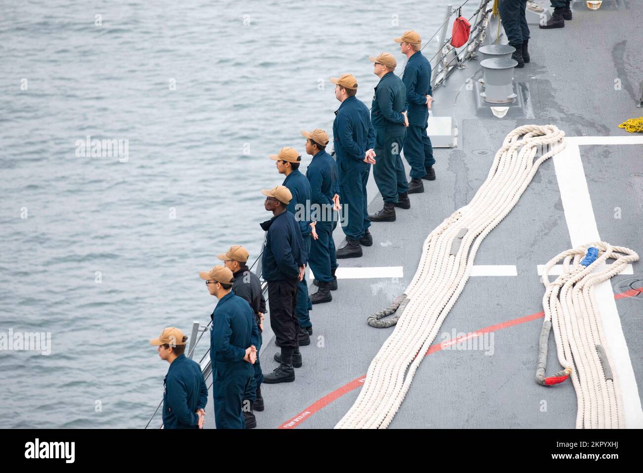 Sailors man the rails of the Arleigh Burke-class guided missile ...