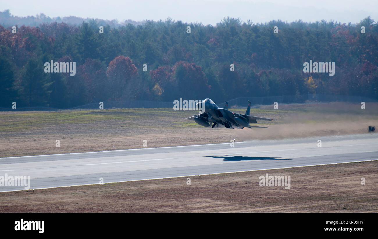 F-15C Eagles take off as part of a training exercise Nov. 4, 2022, at ...