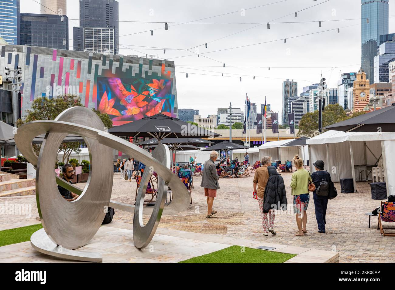 Melbourne Federation Square in the city centre, people enjoying the ...