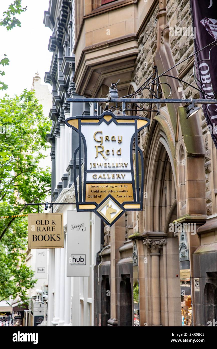 Melbourne city centre shop signs for old and rare books and grey Reid ...