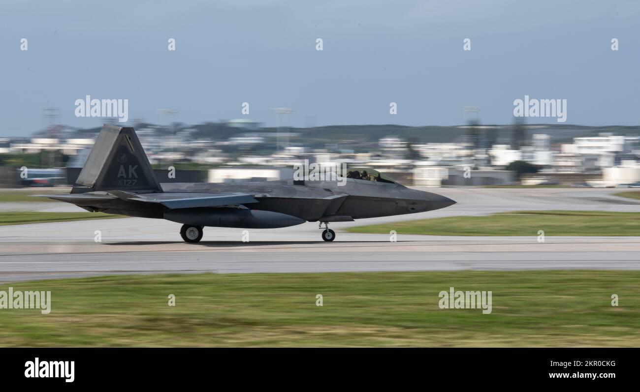 A U.S. Air Force F-22A Raptor assigned to the 3rd Wing, lands at Kadena ...