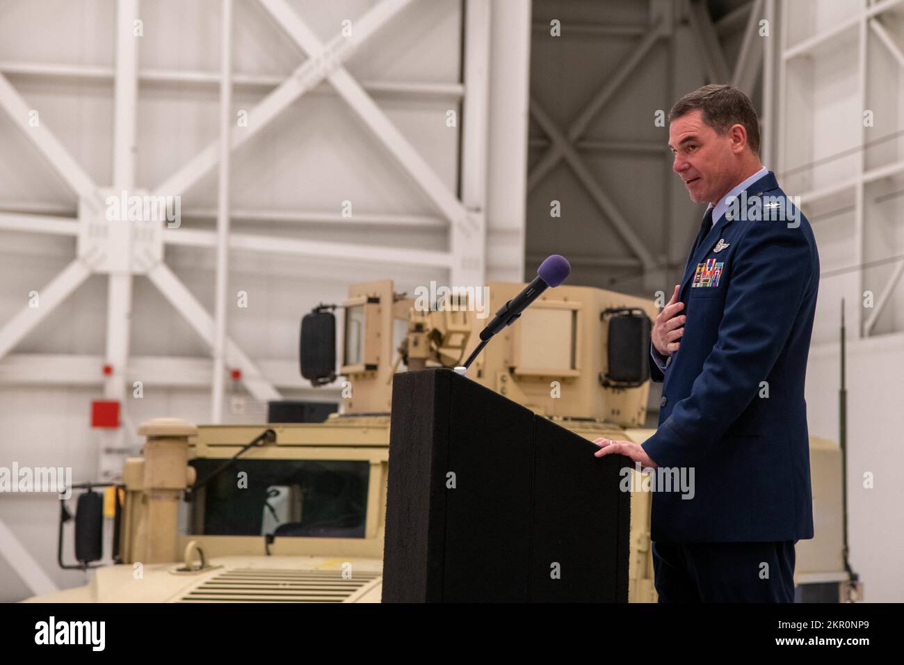 Col Scott Meyer, commander of the 446th Airlift Wing, tells his Airmen ...