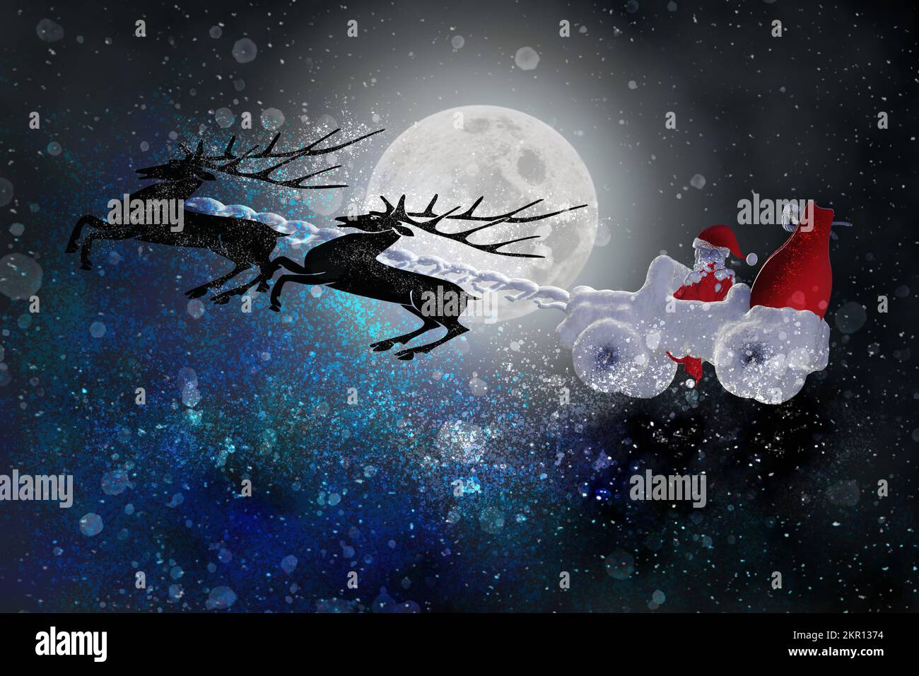 Santa Claus with reindeer flying on full moon background Stock Photo ...