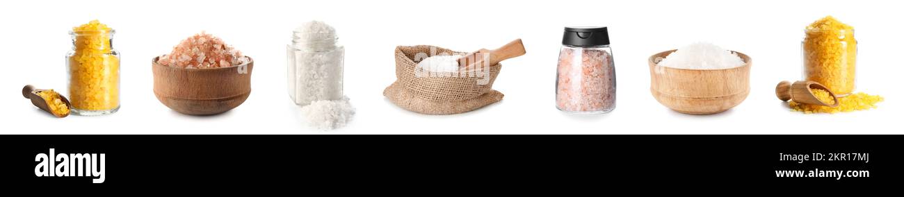 Collage of different salt on white background Stock Photo - Alamy