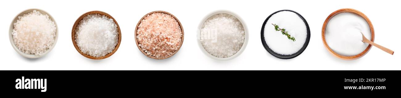 Collage of bowls with different salt on white background, top view ...