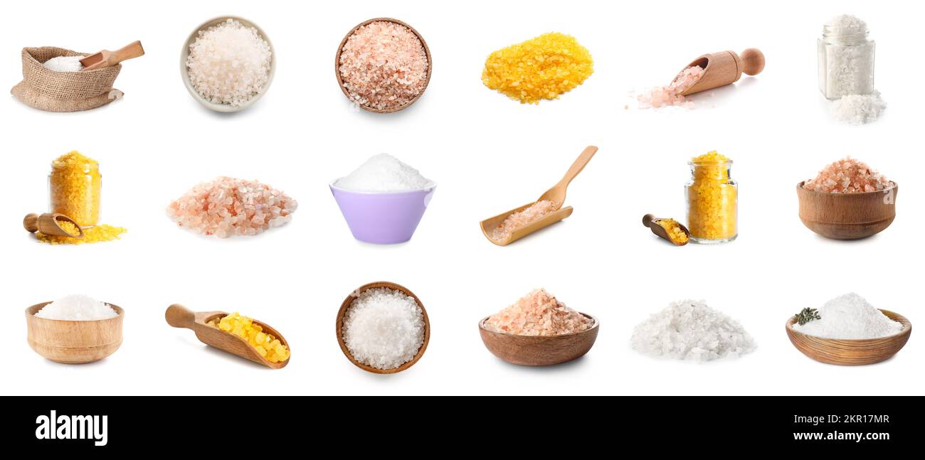 Collage of different sorts of salt on white background Stock Photo - Alamy