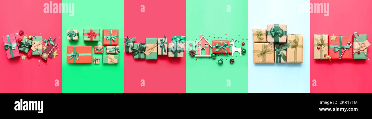 Collage with many Christmas gift boxes and decor on colorful background ...