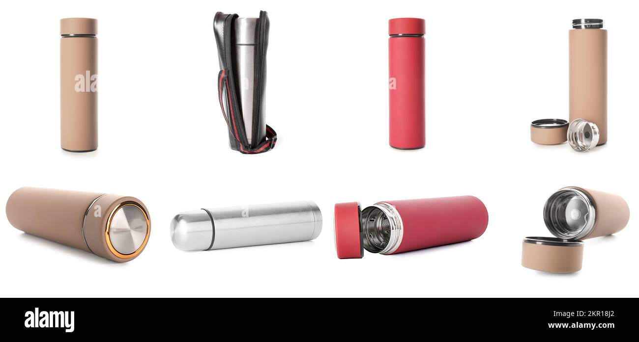 Collection of modern thermoses on white background Stock Photo - Alamy
