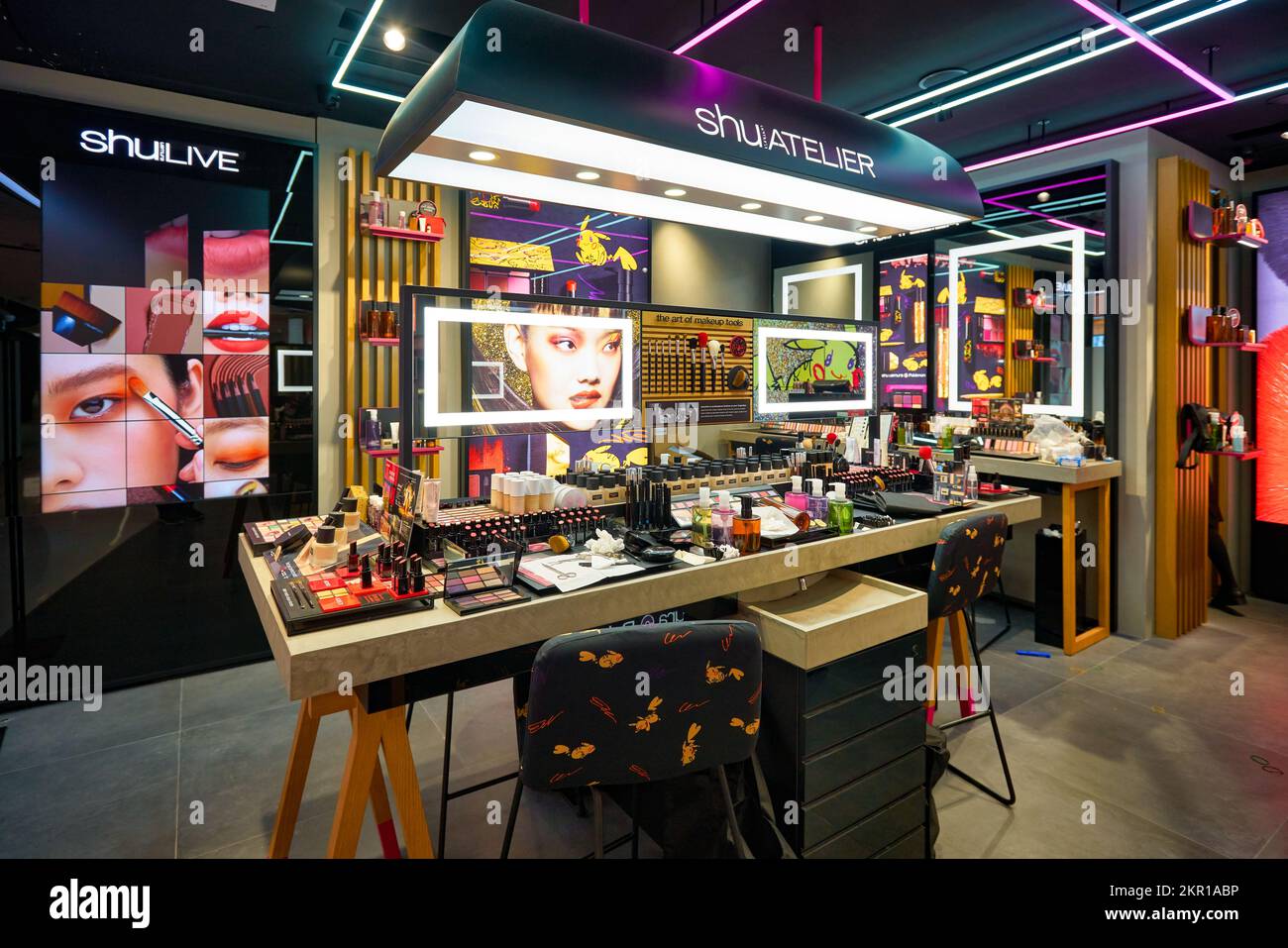 HONG KONG - CIRCA DECEMBER, 2019: makeup products on display in Shu ...