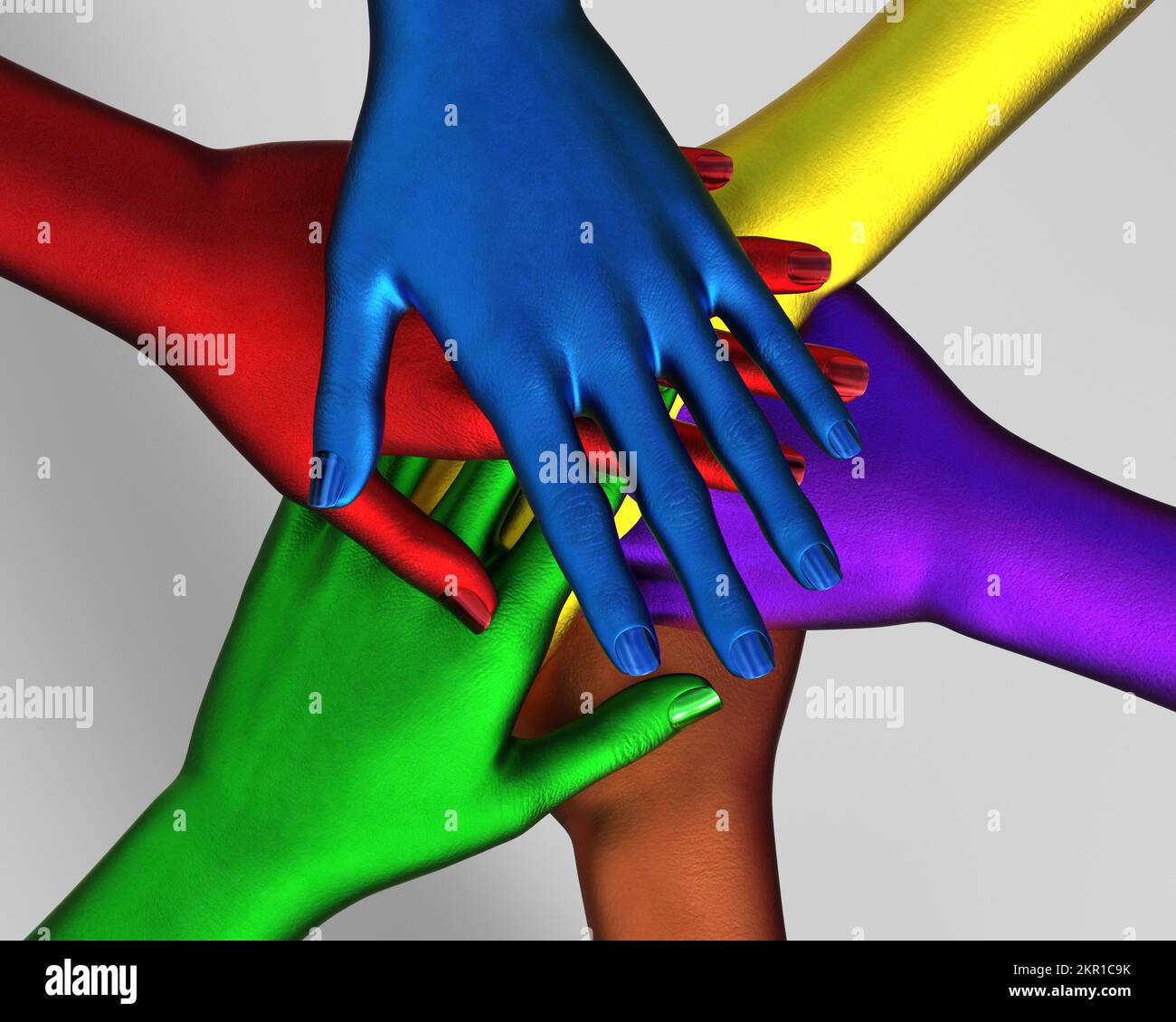 Multi-colored female hands on top of each other as a team. 3d ...