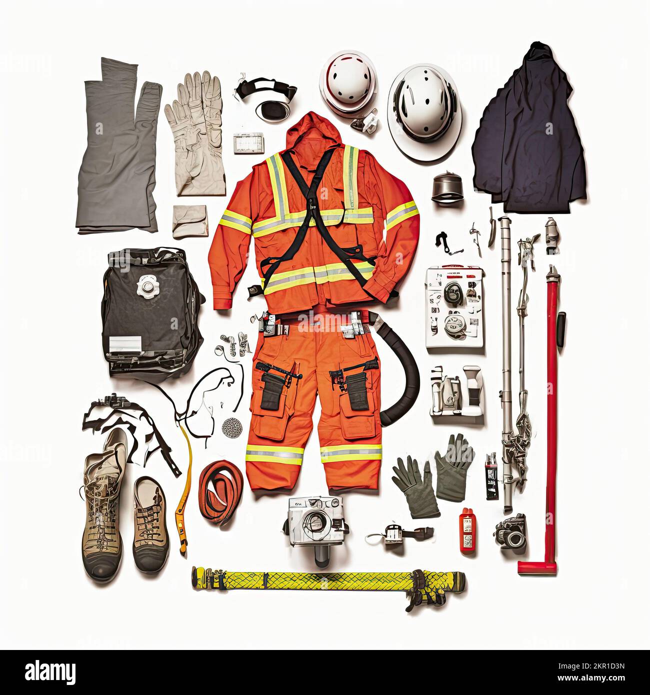 knolling flat-lay picture of firefighter gear with uniform and helmet ...
