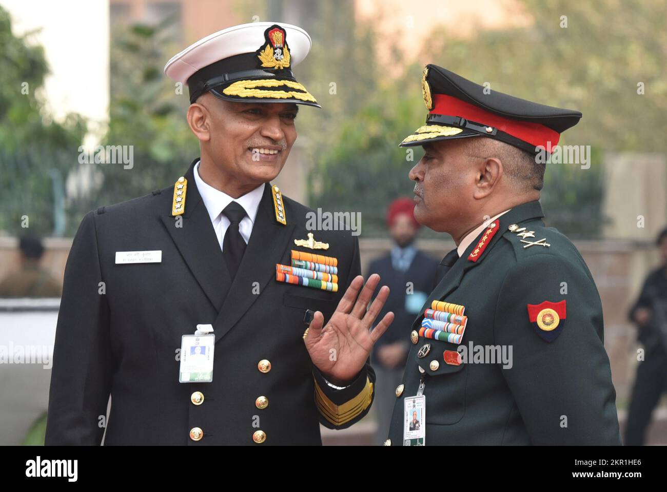 NEW DELHI, INDIA - NOVEMBER 28: Chief of Naval Staff Admiral R Hari Kumar talking with Chief of ...
