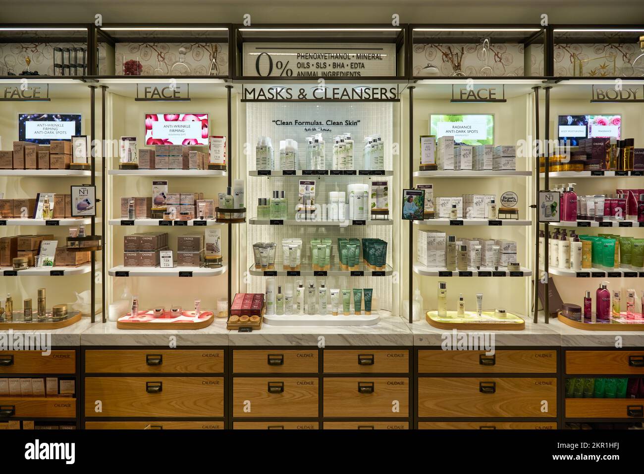 HONG KONG - CIRCA DECEMBER, 2019: personal care products on display in Caudalie store at ...