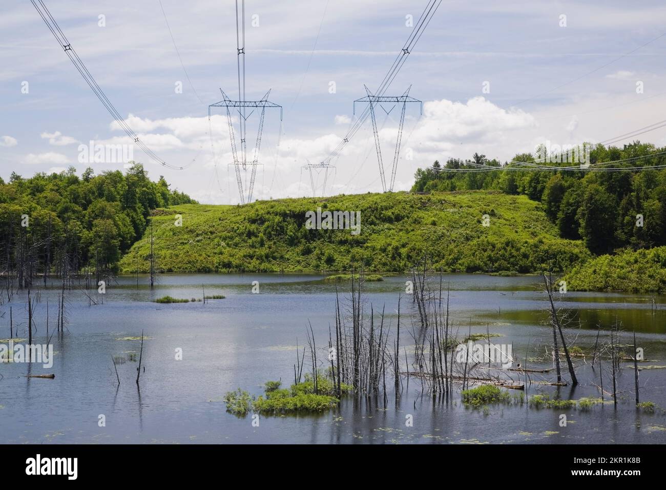 Electricity transmission towers with cables over flooded fresh water ...