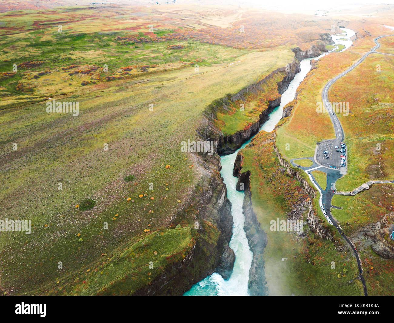 Aerial view of autumn landscape surrounding the Gullfoss waterfall ...