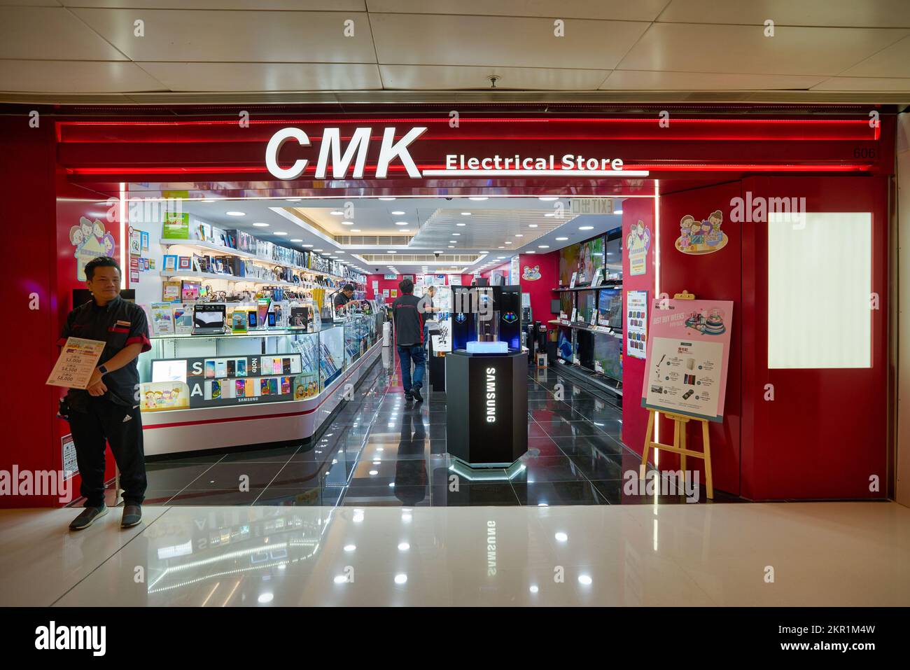 HONG KONG - CIRCA DECEMBER, 2019: entrance to CMK Electrical Store at ...