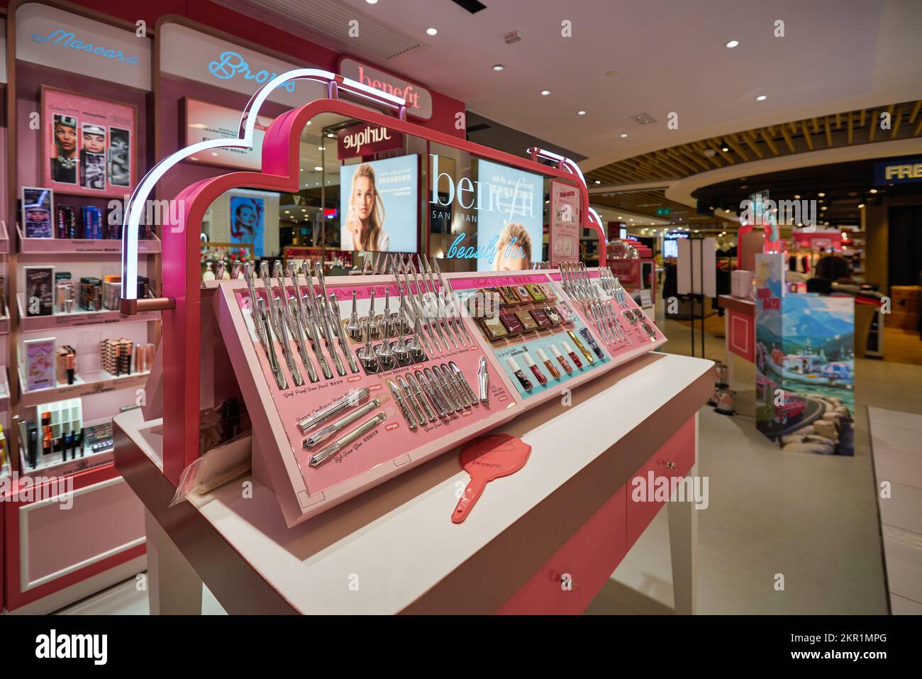 HONG KONG - CIRCA DECEMBER, 2019: makeup products on display in Benefit ...