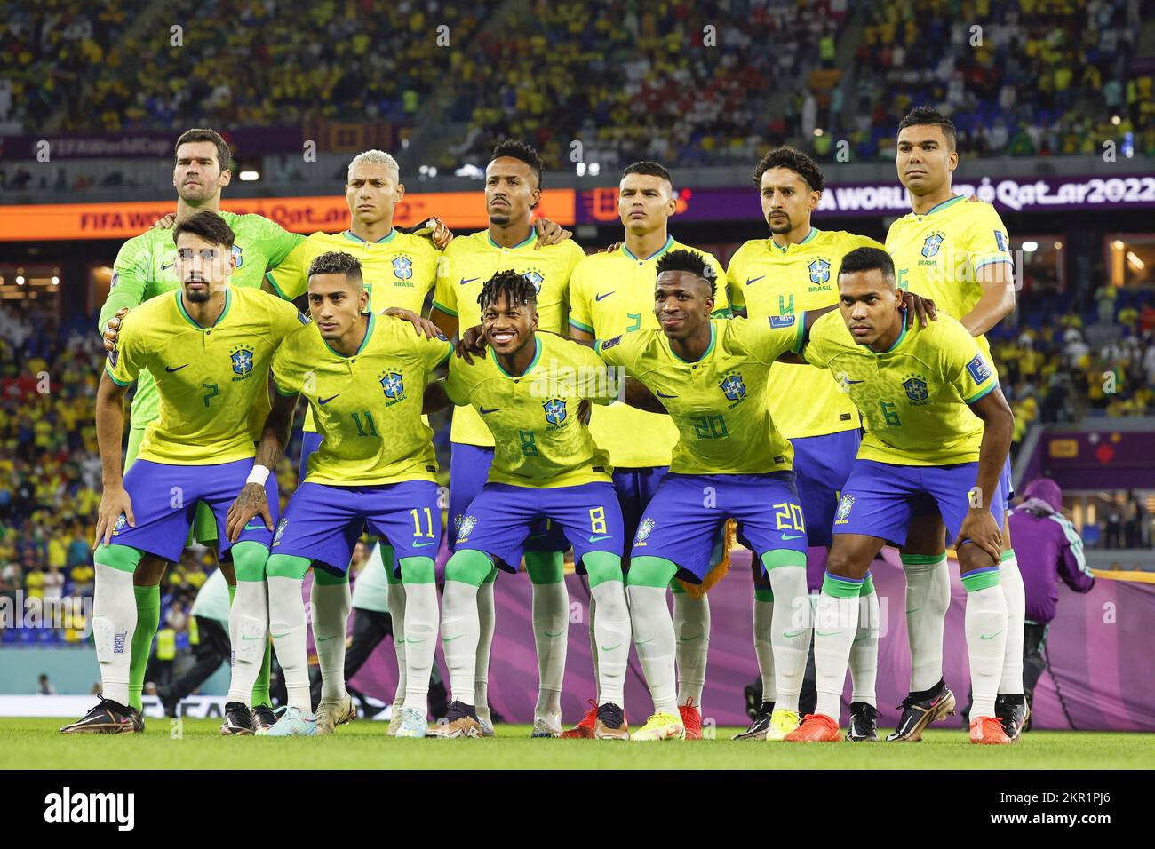 Brazil's starting XI pose for a team photo ahead of a World Cup Group G ...