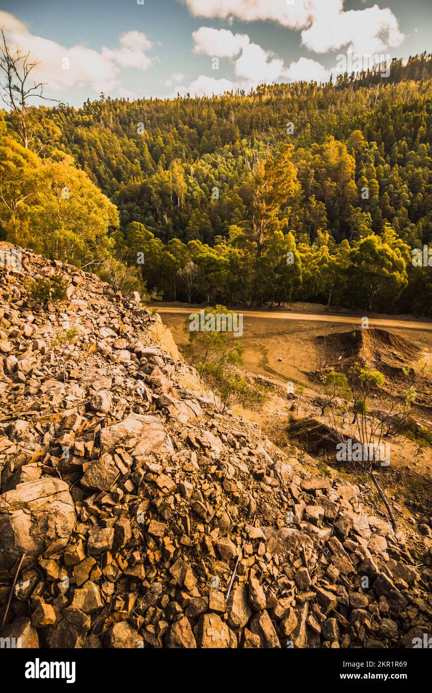 Rocky view of a Tasmanian timber forest from the tip of a rock ...