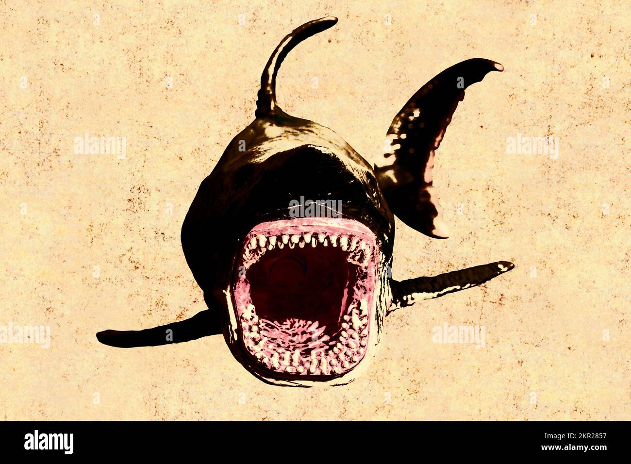 Lockjaw scene in fishing terror with vintage shark on rusty seaboard ...