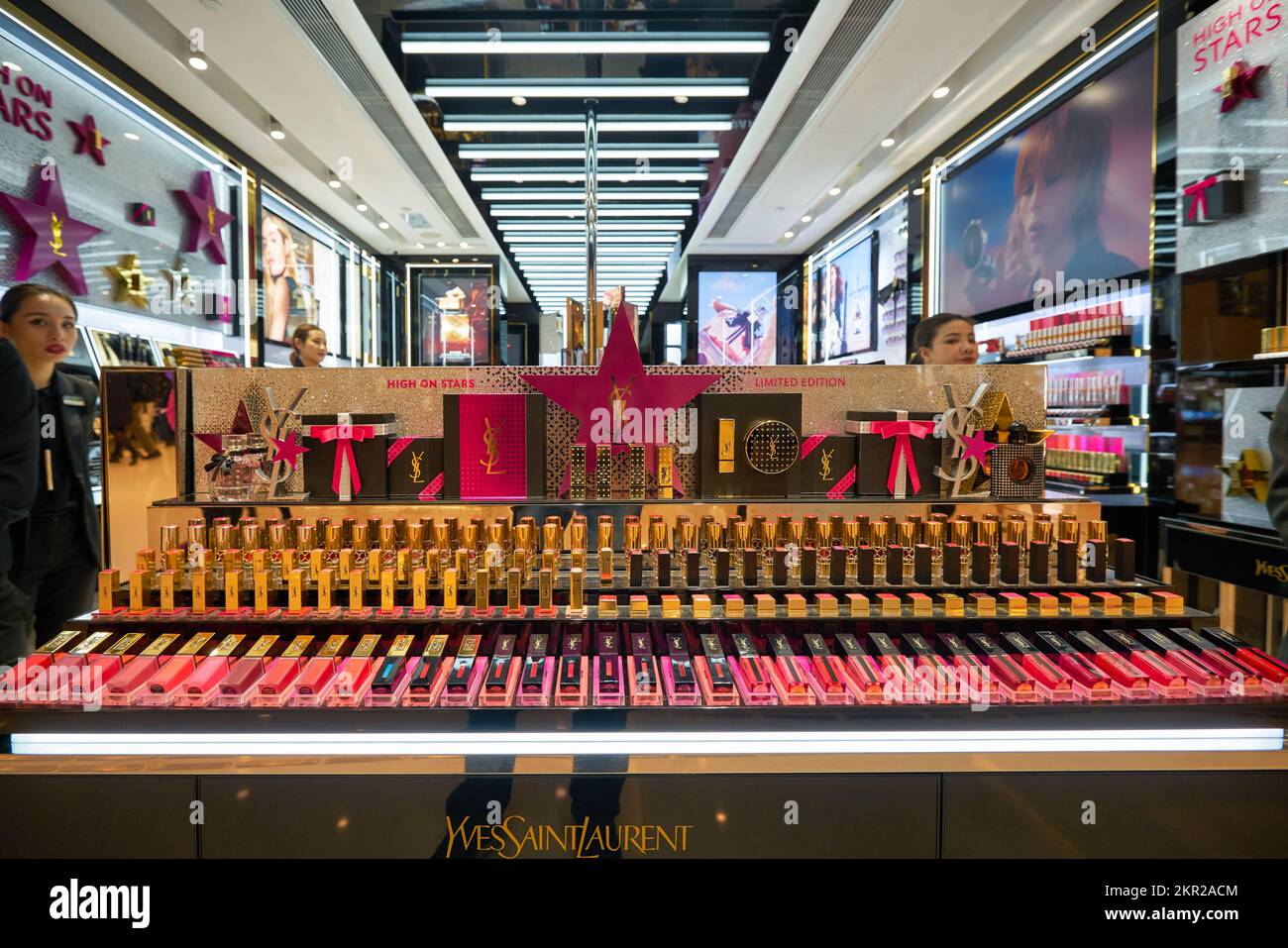 HONG KONG - CIRCA DECEMBER, 2019: make up products on display in Yves ...
