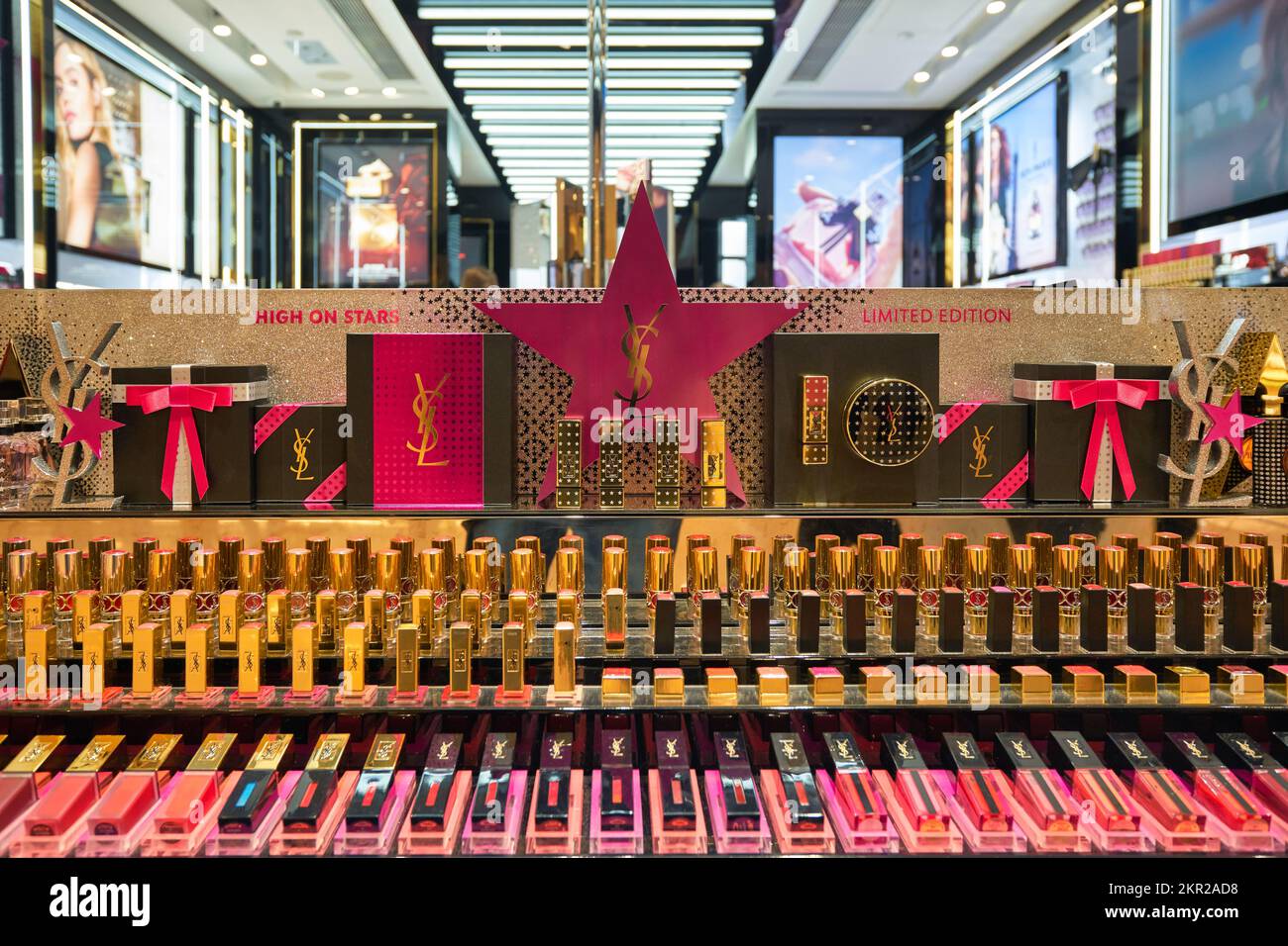 HONG KONG - CIRCA DECEMBER, 2019: make up products on display in Yves ...