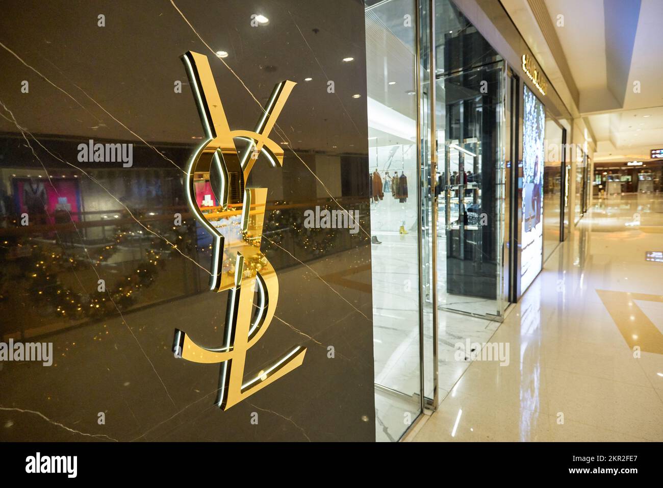 HONG KONG - CIRCA DECEMBER, 2019: close up shot of YSL sign as seen at ...