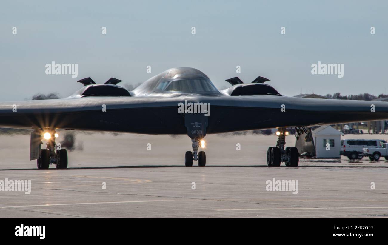 A B-2 Spirit stealth bomber taxis to the runway during Exercise Spirit ...