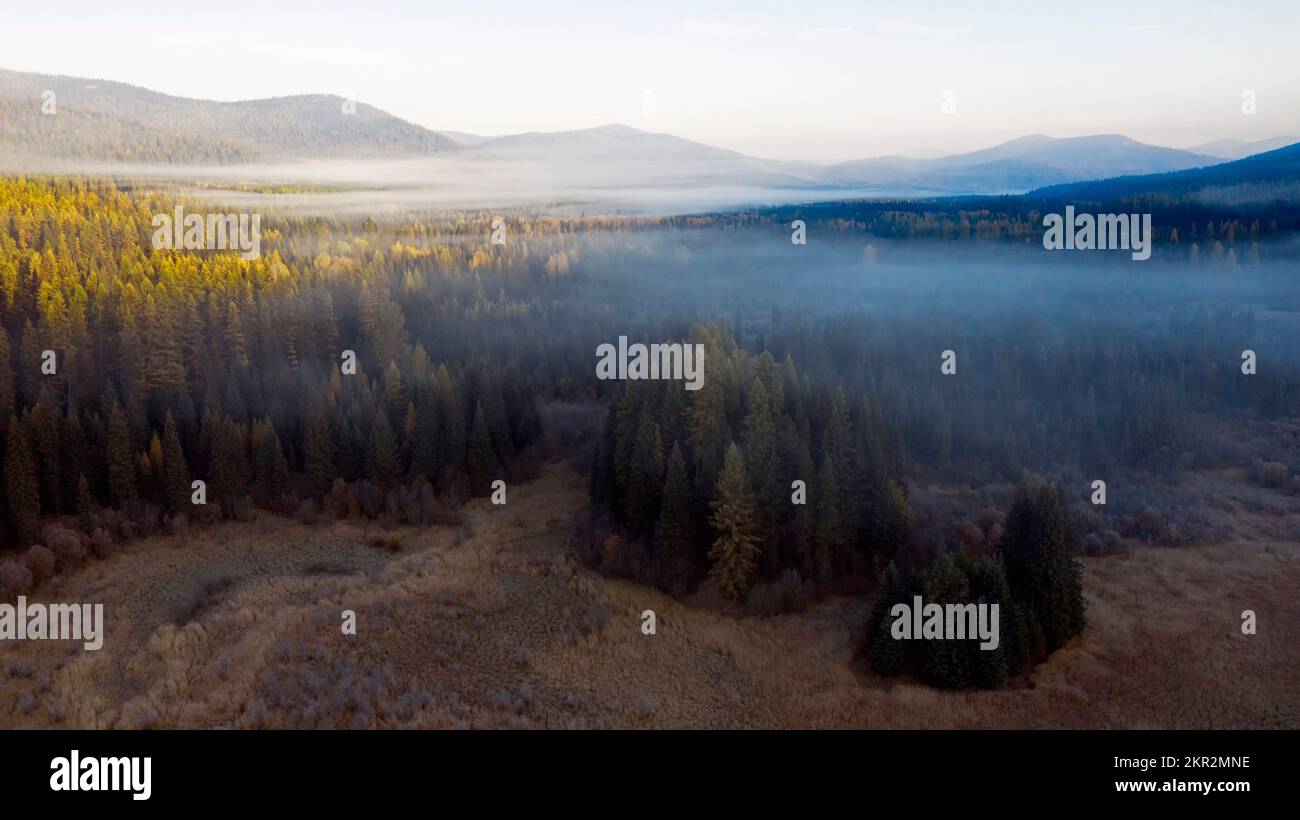 Aerial view of the upper Yaak Valley at sunrise in fall. Lincoln County ...