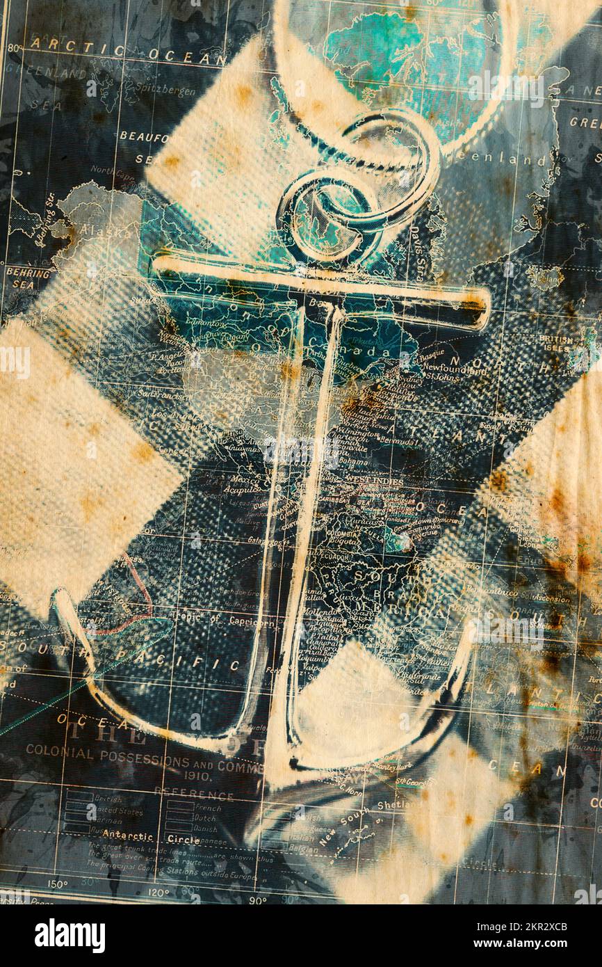 Double exposure on a rustic anchor icon with navigation map details ...