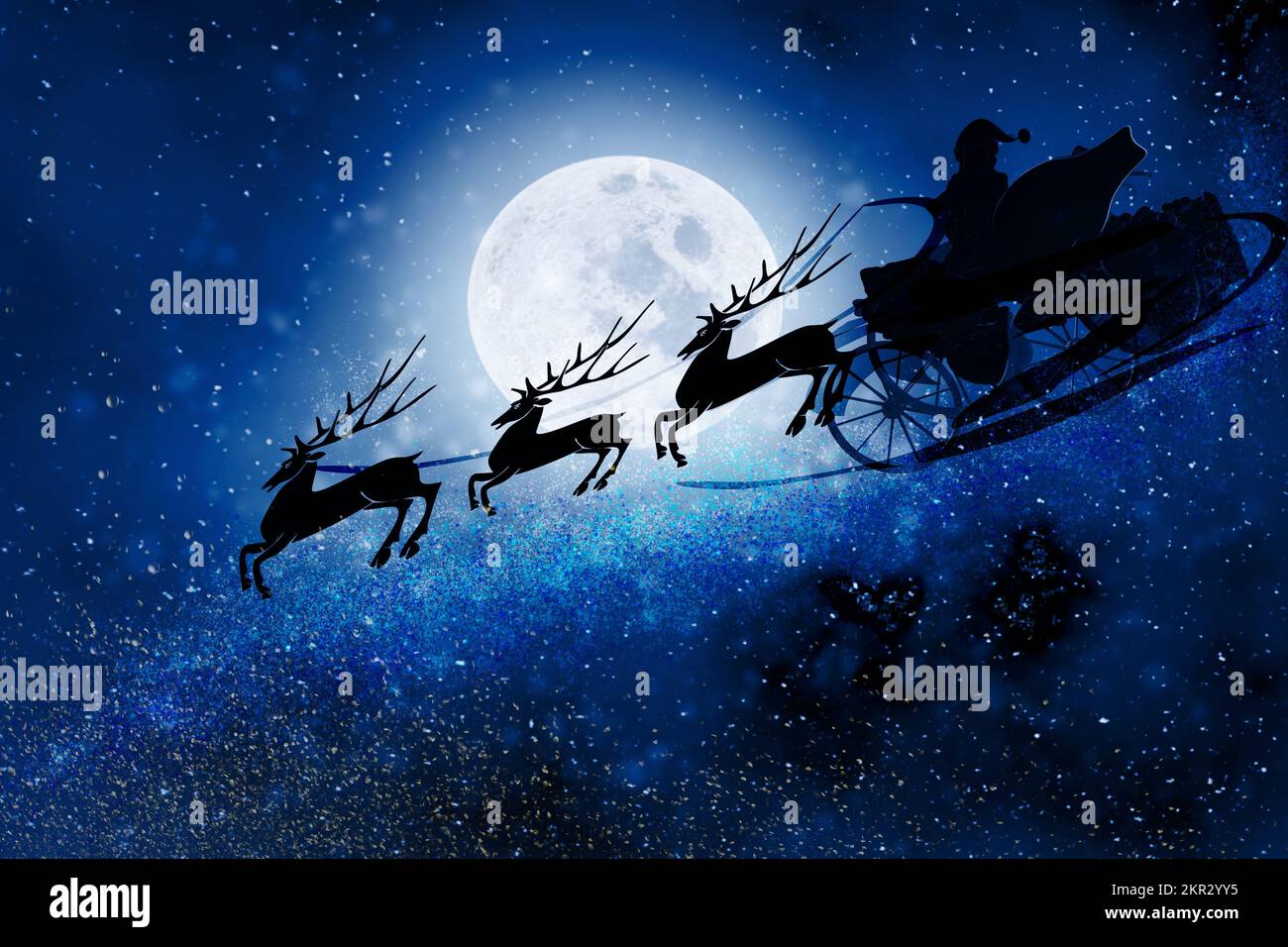Santa Claus with reindeer flying on full moon background Stock Photo ...