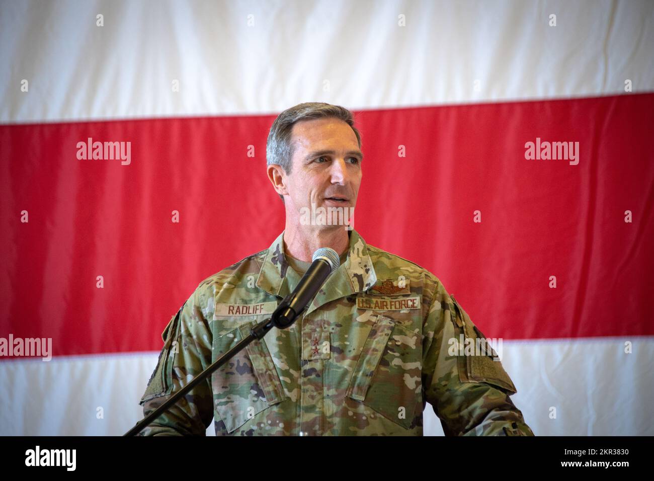 Maj. Gen Byan Radliff speaks during a change of command ceremony at ...
