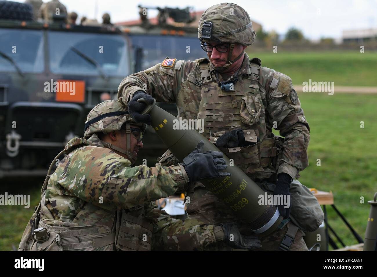 U.S. Soldiers assigned to C Battery, Field Artillery Squadron, 2nd Cavalry Regiment, prepare ...