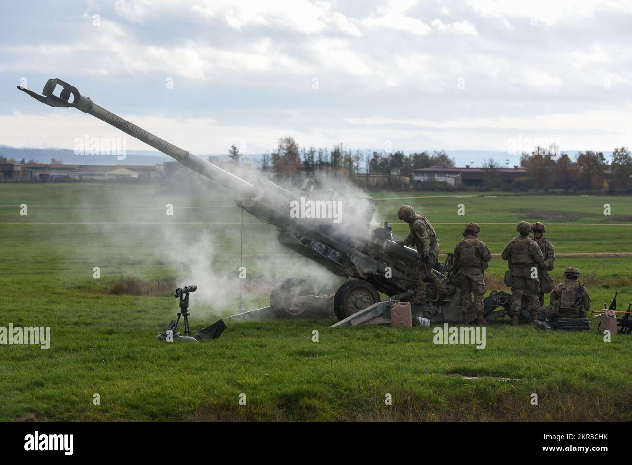 U.S. Soldiers assigned to C Battery, Field Artillery Squadron, 2nd Cavalry Regiment, prepare a ...