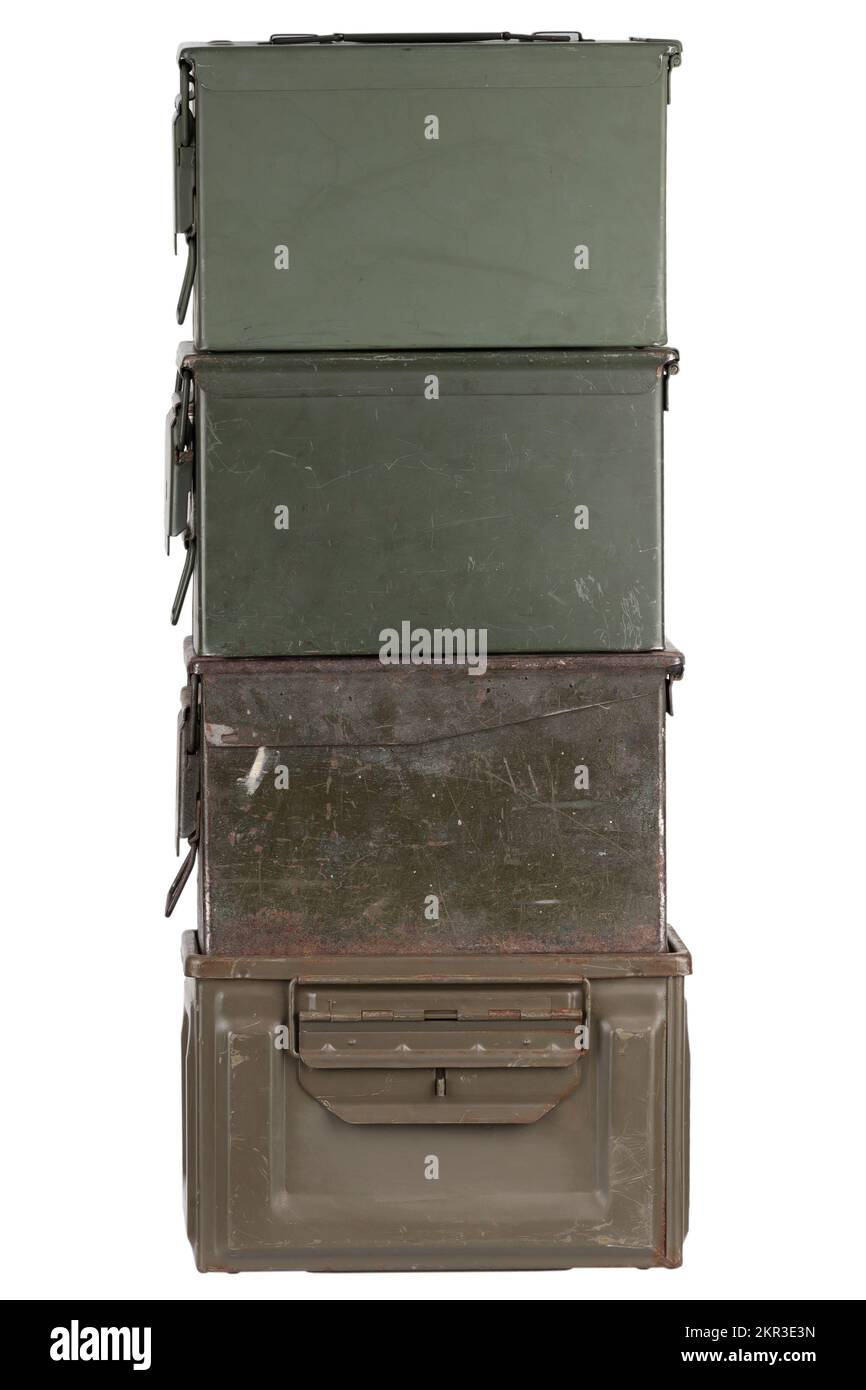 Stack of US army ammo cans isolated on white background Stock Photo - Alamy