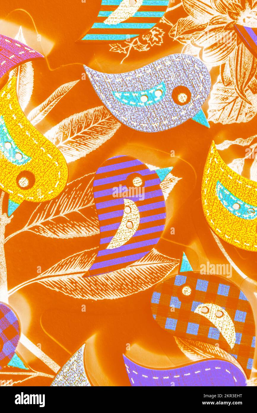 Creative pop art decoration on a grouping of button birds in cartoon ...