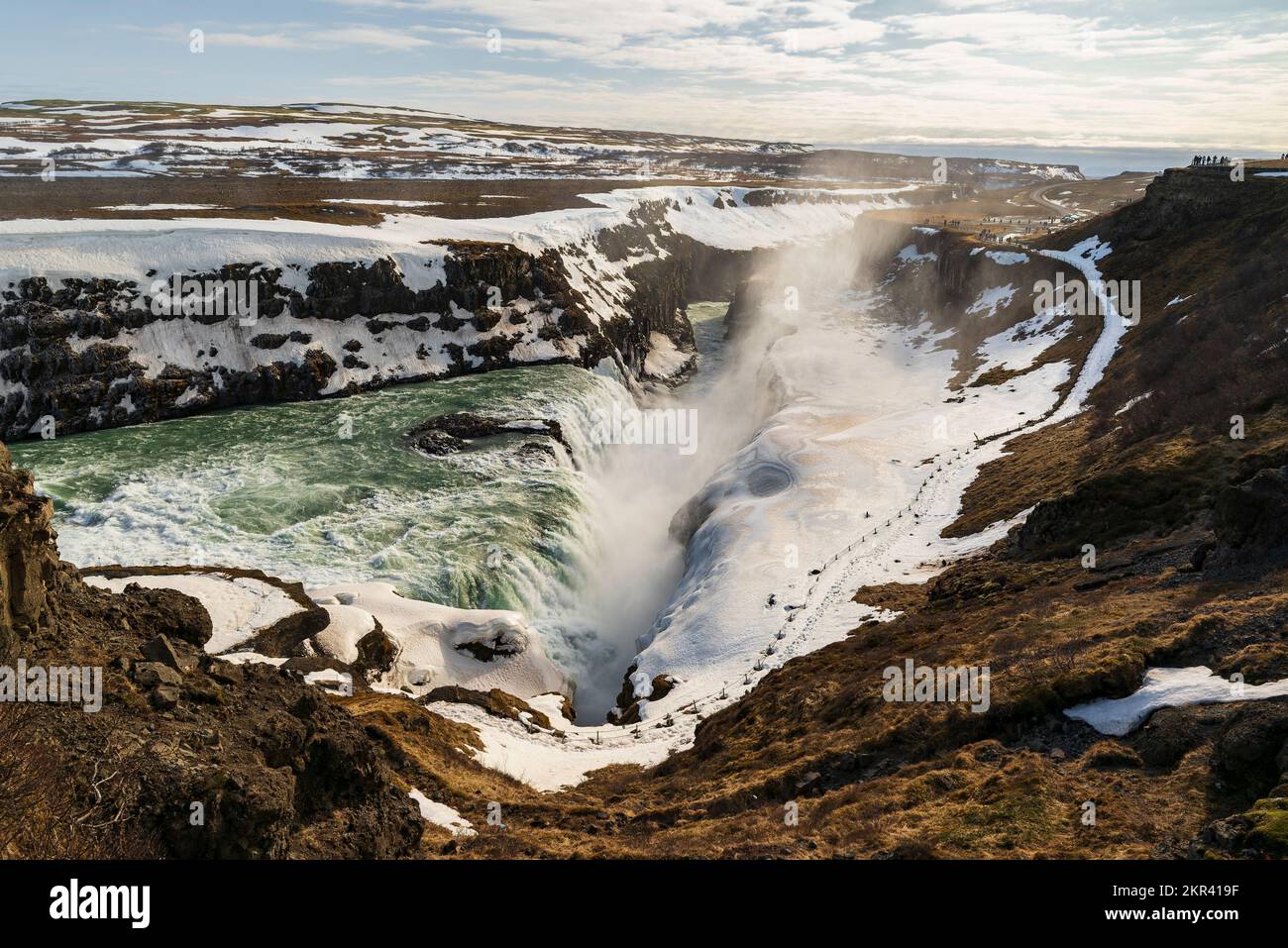Panoramic view of Gullfoss waterfall, showing the waters of river Hvítá ...