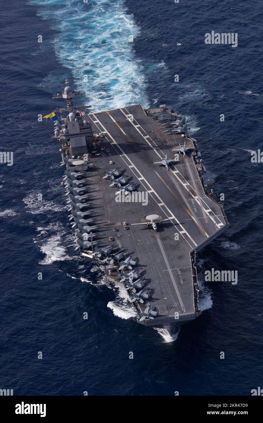 The first-in-class aircraft carrier USS Gerald R. Ford (CVN 78) steams ...