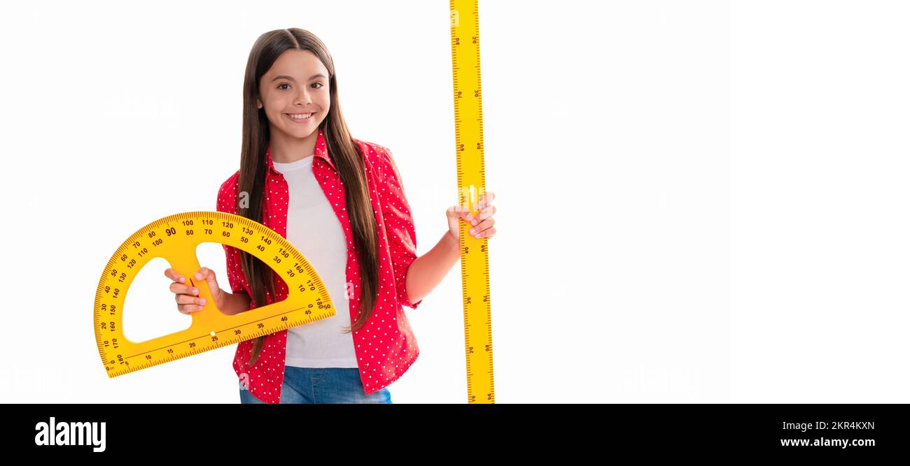 happy teen girl hold protractor ruler study math at school isolated on ...