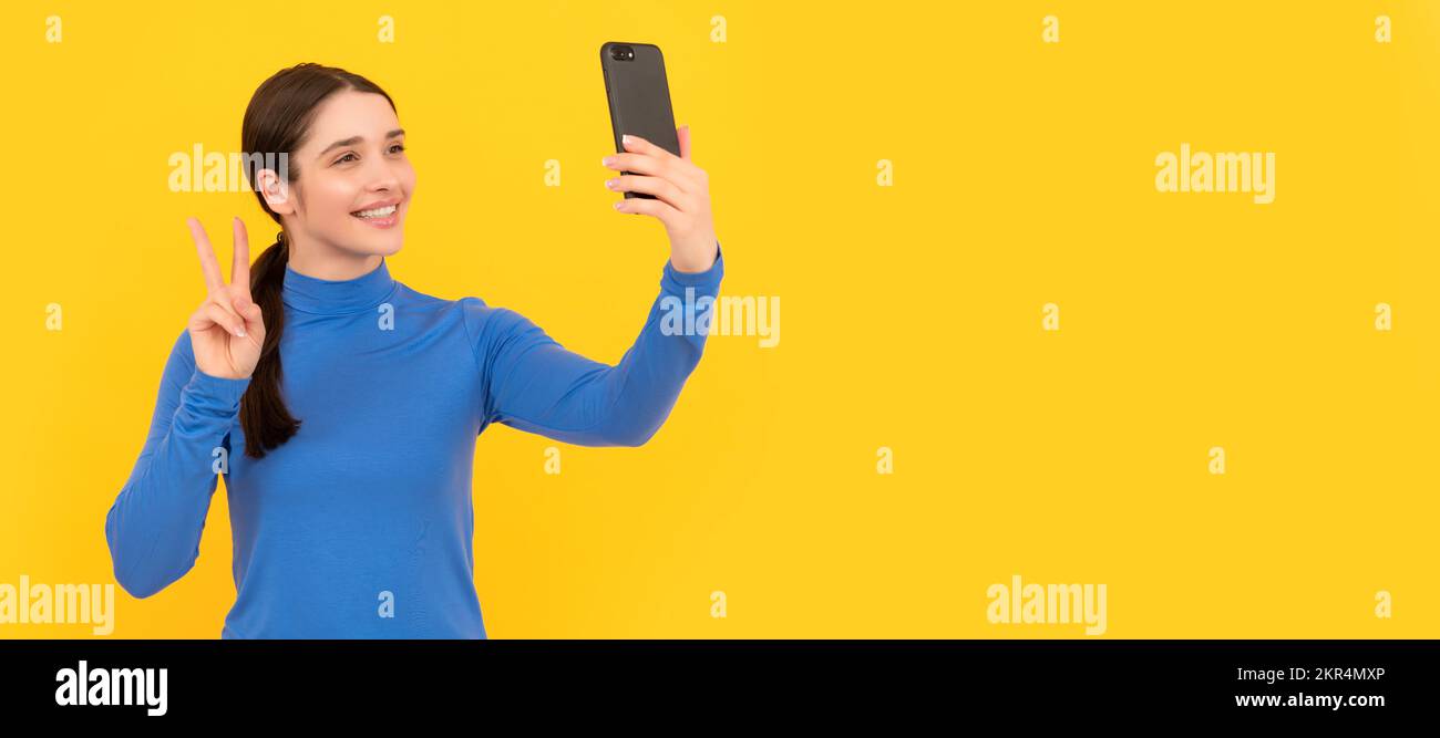 Woman isolated face portrait, banner with copy space. video call online ...