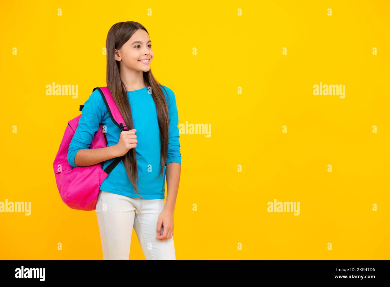 School teen with backpack. Teenager student, isolated background. Learning and knowledge. Go ...