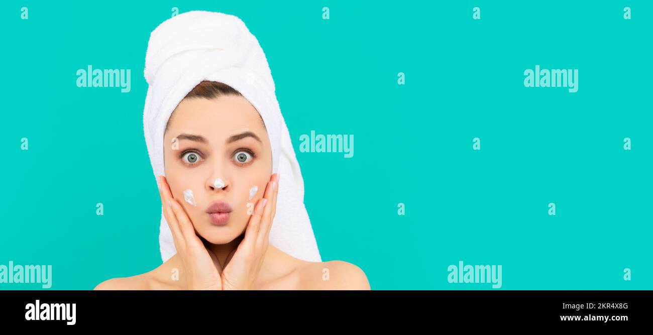 Skin Care Beauty Woman Amazed Young Girl Apply Face Cream On Blue