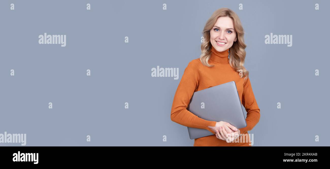 Woman portrait, isolated header banner with copy space. happy woman ...