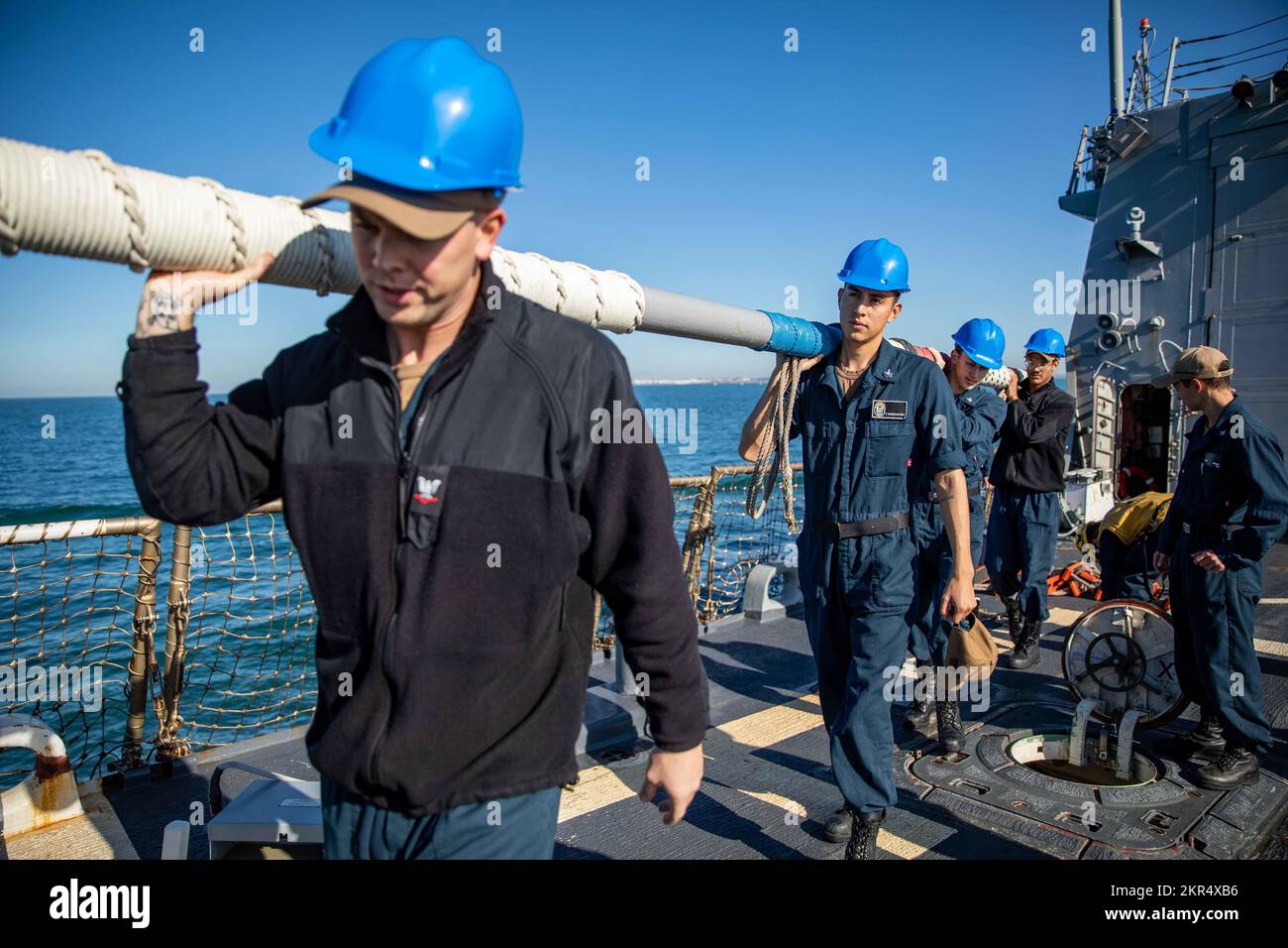NAVAL STATION ROTA, Spain (Nov. 7, 2022) Sailors carry a jackstaff on ...