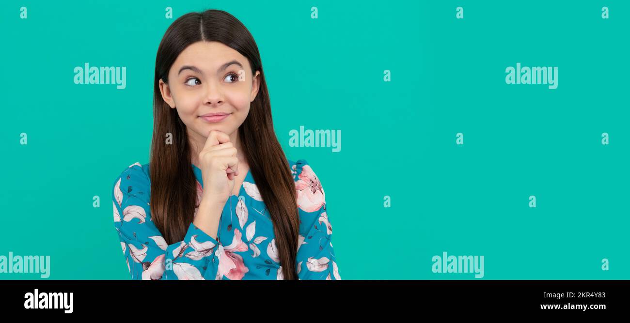 Happy girl child dreamer keep thinking positive blue background ...