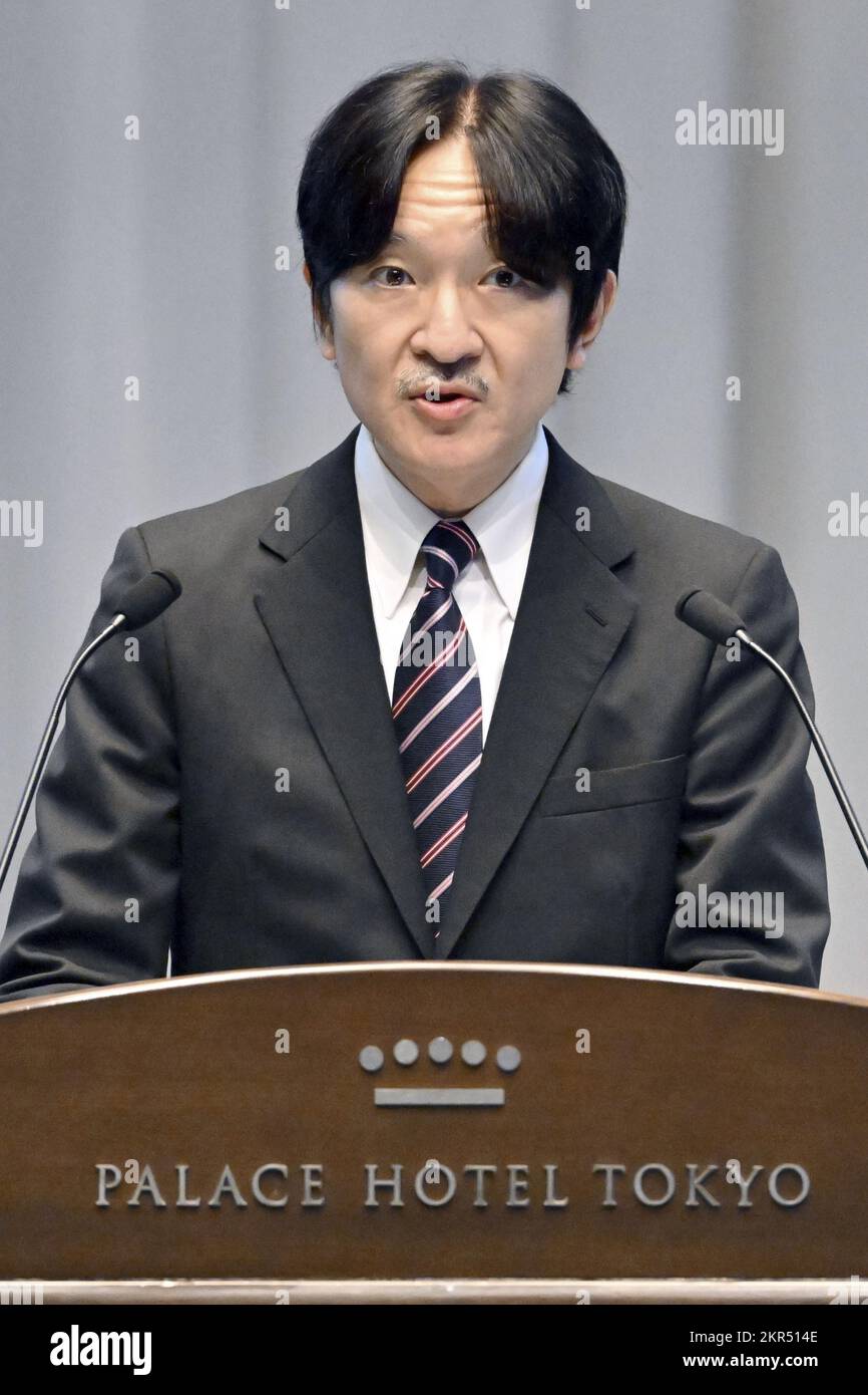 Japanese Crown Prince Fumihito speaks at a ceremony marking the 150th ...