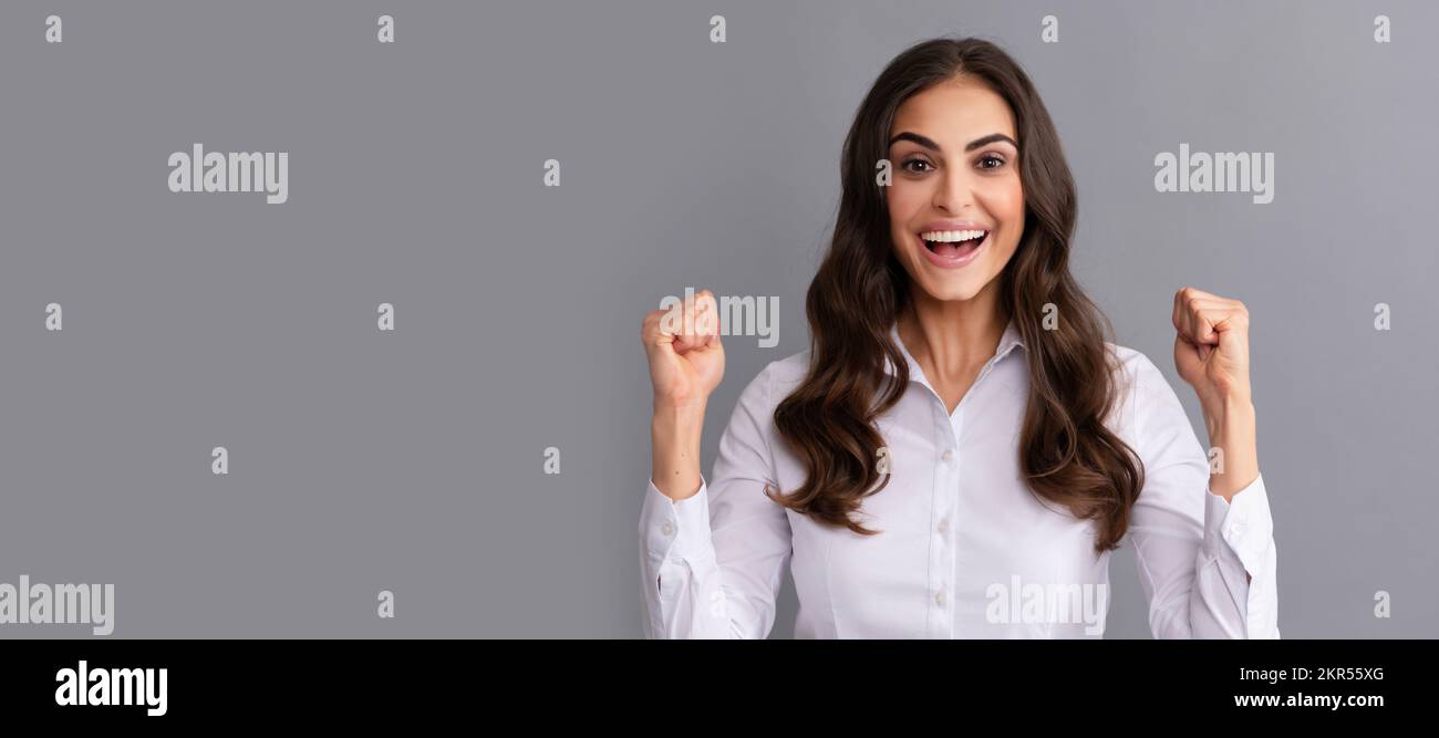 I won. Happy woman make winning hand gesture. Winning business. Woman ...