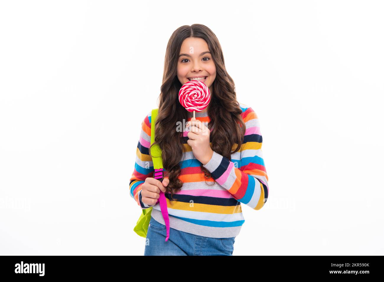 Teenager girl with caramel candies on sticks, sweet sugar addiction ...